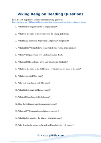 Viking Religion Reading Comprehension Questions Worksheet | Teaching ...