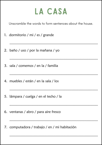 Sentence Scramble Grammar Worksheets in Spanish - Desorden de Oraciones ...