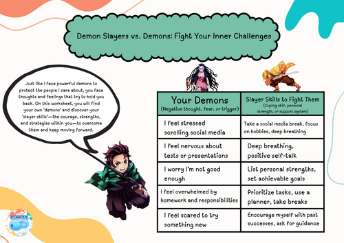 Demon Slayer Mental Health Worksheets (secondary) | Teaching Resources