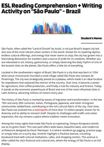 ESL Reading Comprehension + Writing Activity - São Paulo - Brazil ...