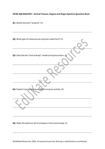 GCSE AQA BIOLOGY - ANIMAL TISSUES, ORGANS AND ORGAN SYSTEMS QUESTIONS ...