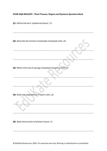 GCSE AQA BIOLOGY - PLANT TISSUES, ORGANS AND SYSTEMS QUESTIONS AND MARK ...