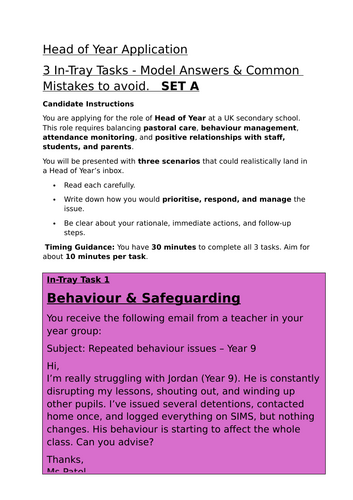 Set of Nine In-Tray Exercises for HEAD OF YEAR Interview with Model ...