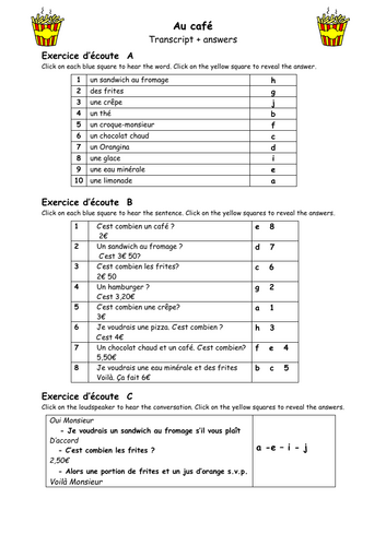 FRENCH TOPICS: AU CAFE-AT THE CAFE-LISTENING EXERCISES | Teaching Resources