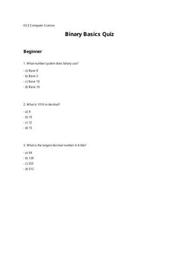 KS3 – Binary Basics Worksheets (Decimals, Conversion, Addition & Quiz) | Teaching Resources