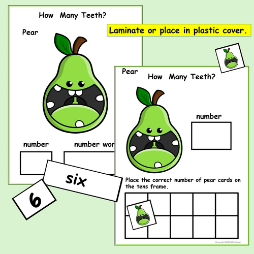 Pears Fruit Teeth Counting to 10 and 20 Tens Frames Mats Worksheet ...