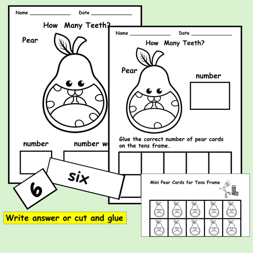 Pears Fruit Teeth Counting to 10 and 20 Tens Frames Mats Worksheet ...