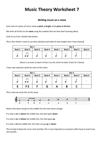 Music Theory Worksheet 7 - Writing music on a stave | Teaching Resources