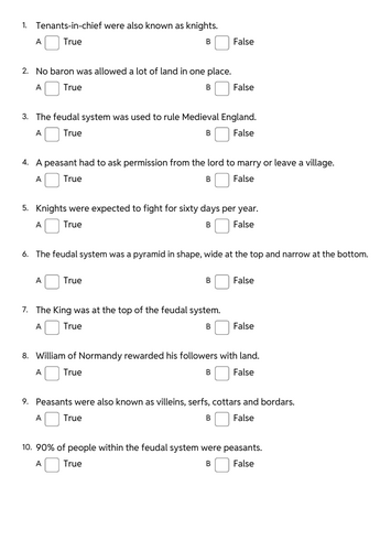 The Feudal System - True or False Worksheet | Teaching Resources