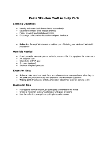 KS1/KS2 Halloween Pasta Skeleton Activity Pack | Teaching Resources