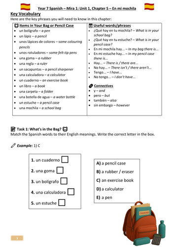 Year 7 Spanish Worksheet – Mira 1 Unit 1, Chapter 5: En mi mochila ...
