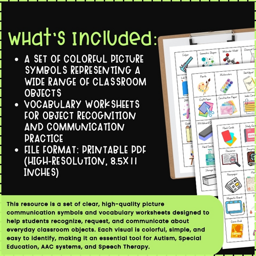 Classroom Objects Picture Communication Symbols Vocabulary Worksheets ...