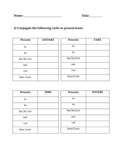Italian Present Tense ANDARE, FARE, DIRE, POTERE Worksheets | Teaching ...