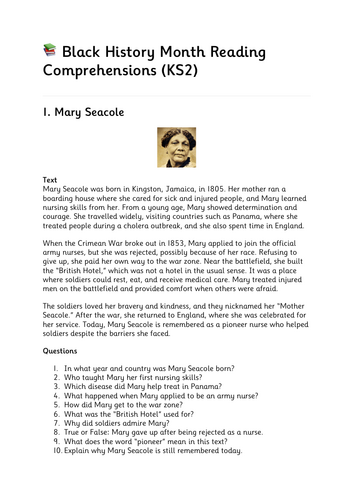 Black History Month Reading Comprehensions – KS1 & KS2 Differentiated ...