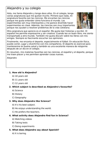 Spanish - Favourite school subjects - Alejandro y su colegio - Reading ...