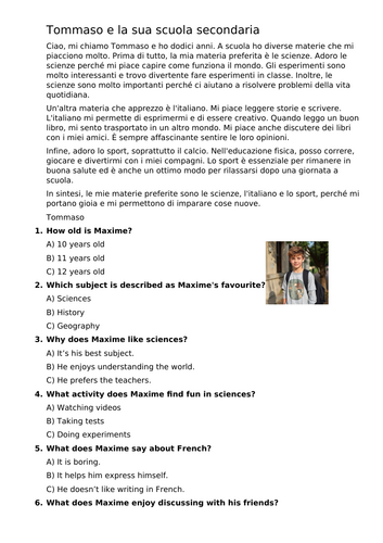Italian - Favourite school subjects - Tommaso e la sua scuola - Reading ...