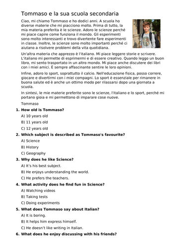 Italian - Favourite school subjects - Tommaso e la sua scuola - Reading ...