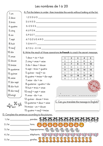 Les nombres 1-20 - Worksheet - Numbers in French | Teaching Resources