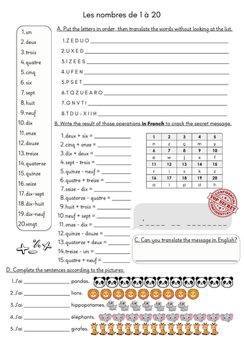 Les nombres 1-20 - Worksheet - Numbers in French | Teaching Resources