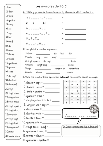 Les nombres 1-31 - Worksheet - Numbers in French | Teaching Resources