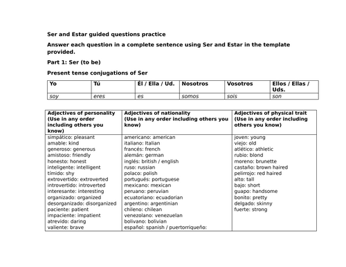 Ser and Estar guided questions practice | Teaching Resources