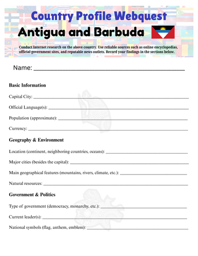 Country Profiles: Antigua and Barbuda Webquest Worksheet | Teaching ...