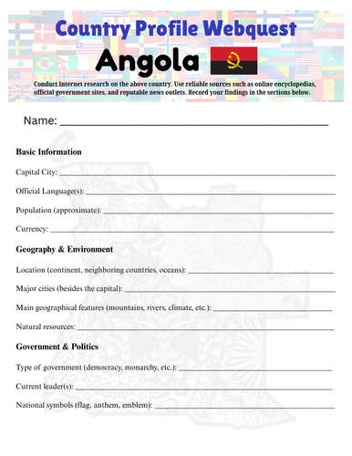 Country Profiles: Angola Webquest Worksheet | Teaching Resources