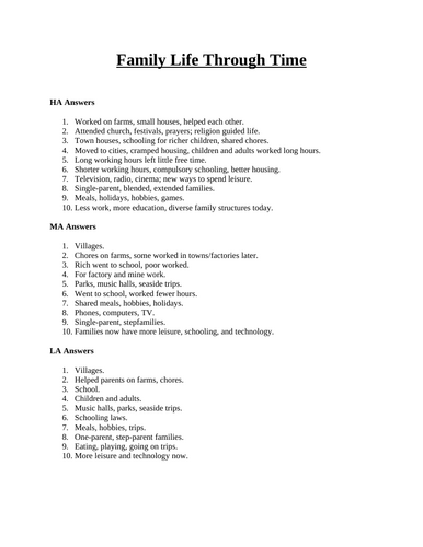 Family Life Through Time – Differentiated Reading Comprehension Pack ...