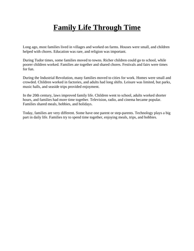 Family Life Through Time – Differentiated Reading Comprehension Pack ...