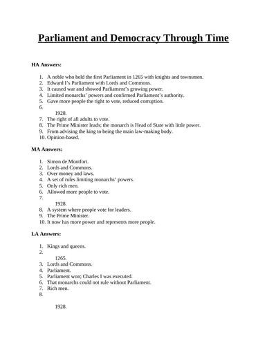 Parliament and Democracy Through Time – Differentiated Reading ...