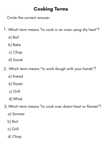 Comprehensive Description of the Cooking Terms Worksheets | Teaching ...