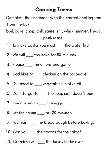 Comprehensive Description of the Cooking Terms Worksheets | Teaching ...