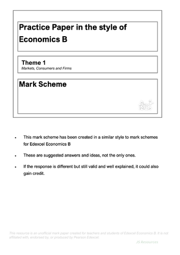A Level Edexcel Economics B style Theme 1 Question Paper and Mark ...