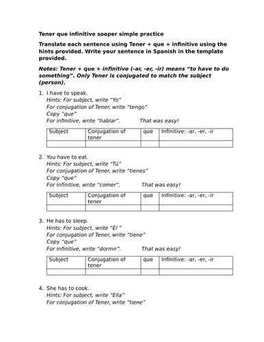 Tener que infinitive sooper simple practice | Teaching Resources