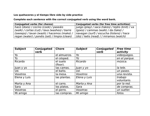 Los quehaceres y el tiempo libre side by side practice | Teaching Resources