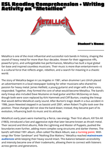 ESL Reading Comprehension + Writing Activity Worksheets - Metallica ...