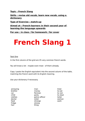 French, French Slang (1), worksheet for learners of French in second ...