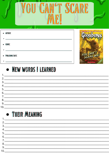 ESL Novel Study Worksheets - You can't scare me! - Goosebumps - R.L ...