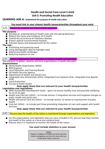 Health and Social AAQ Unit 5 Task 1 Learning Aim A checklist | Teaching ...
