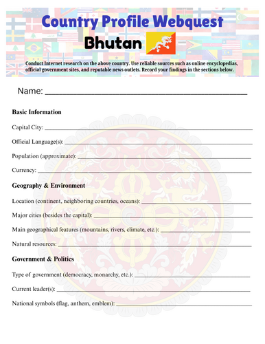 Country Profiles: Bhutan Webquest Worksheet | Teaching Resources