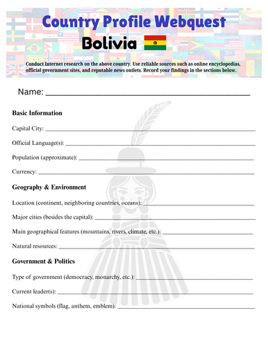 Country Profiles: Bolivia Webquest Worksheet | Teaching Resources