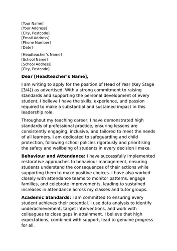 Model Letter of Application - Head of Year - Key Stage 3 & Key Stage 4 ...
