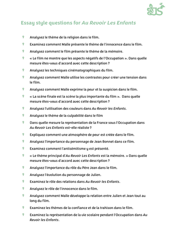 Au Revoir Les Enfants Essay Questions | Teaching Resources