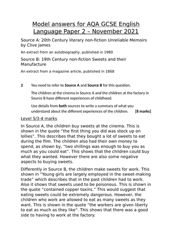 AQA GCSE English Language Paper 2 model answers (November 2021) | Teaching Resources