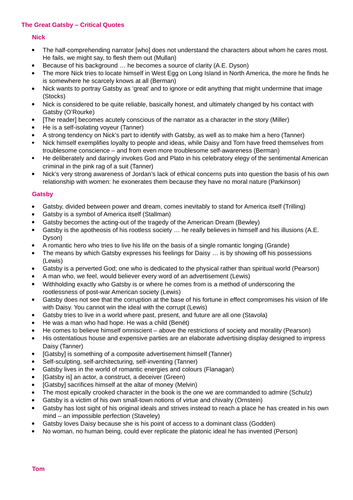 A-Level English Literature: THE GREAT GATSBY CRITICAL QUOTE BANK ...