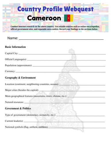 Country Profiles: Cameroon Webquest Worksheet | Teaching Resources