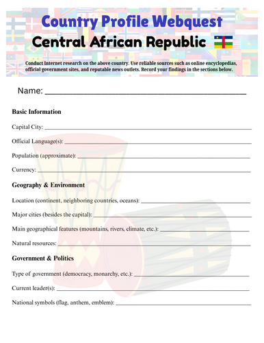 Country Profiles: Central African Republic Webquest Worksheet ...