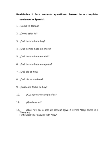 Realidades 1 Para empezar questions | Teaching Resources