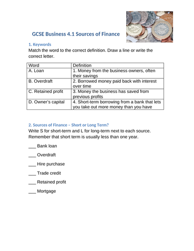 Eduqas GCSE Business Sources of Finance Worksheet | Teaching Resources