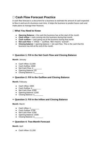Worksheet Bundle Cash Flow Forecasting Eduqas GCSE Business | Teaching ...
